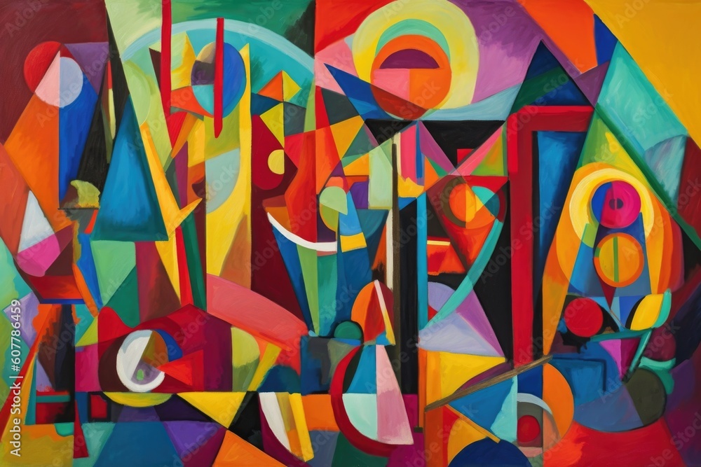 cubist painting with vibrant colors, geometric shapes, and whimsical ...