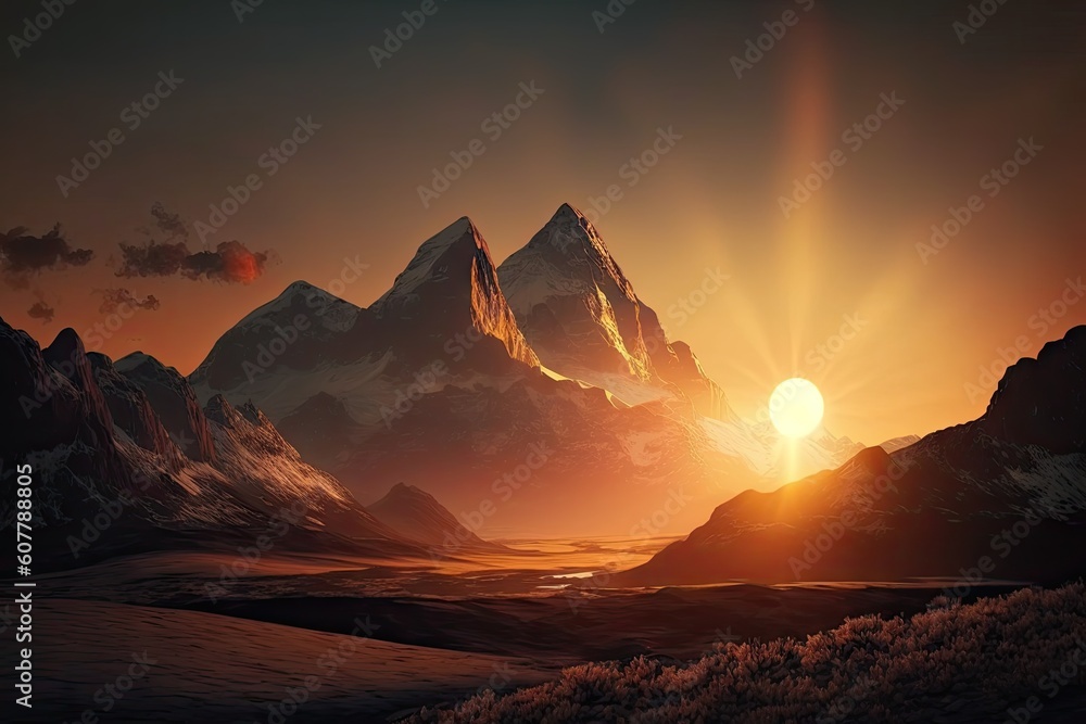 sun setting behind mountain range, casting its last rays of the day ...