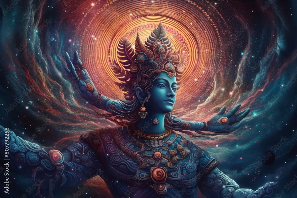 Mahamaya Indian Hindu, mythologic God of Vishnu in galaxies spirals space nebulae, in universe ...