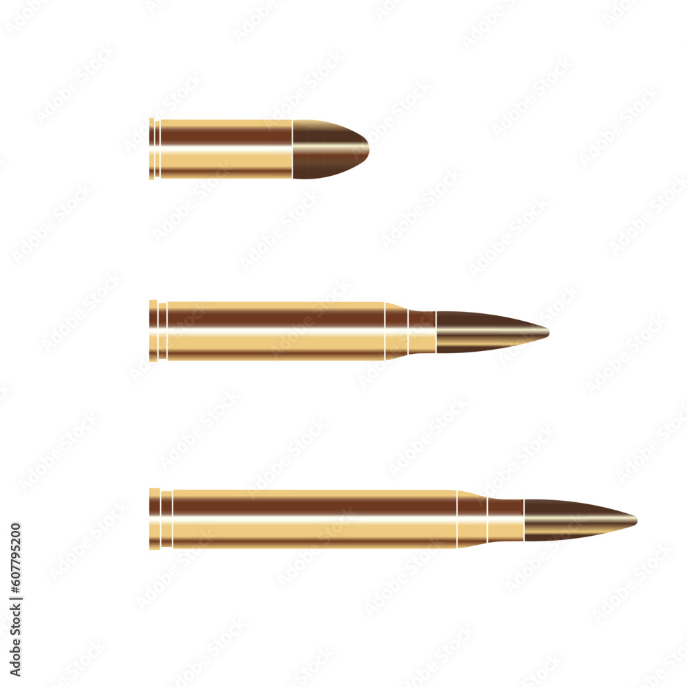 Bullet of different caliber. Bullets machine gun and pistol isolated on ...