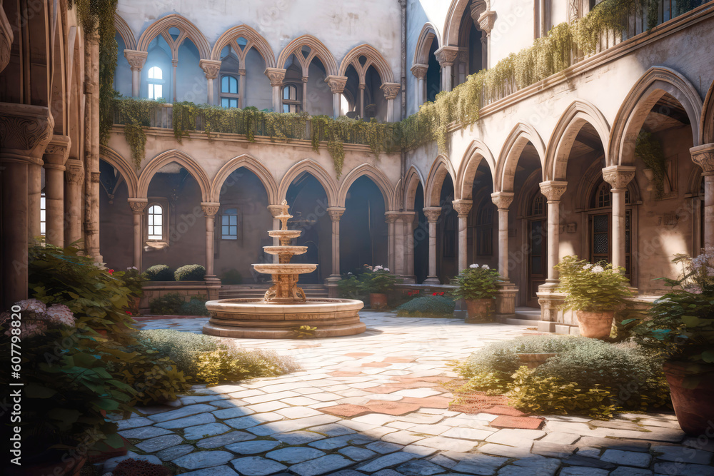Paved courtyard of a medieval castle. Cinematic light, volumetric light ...