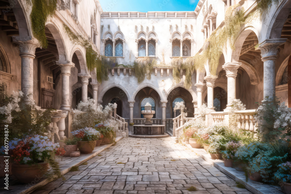 Paved courtyard of a medieval castle. Cinematic light, volumetric light ...