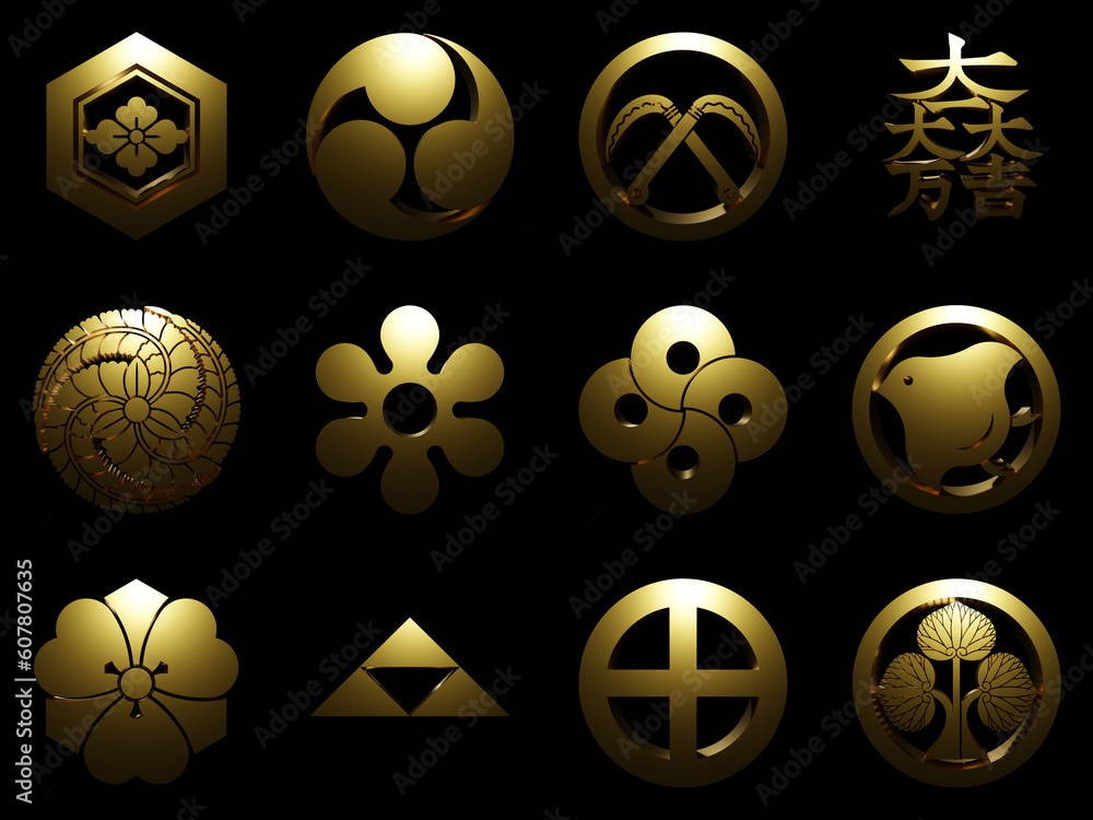 Japanese family crests.Golden symbol on a black background.KAMON. Stock ...
