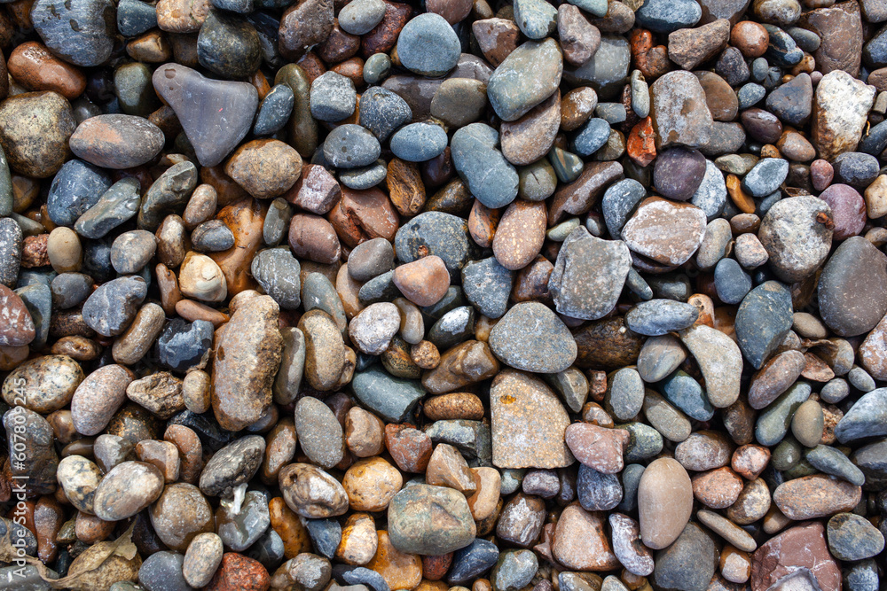 Crushed stone on the seashore. Selective focus on object. The stones ...