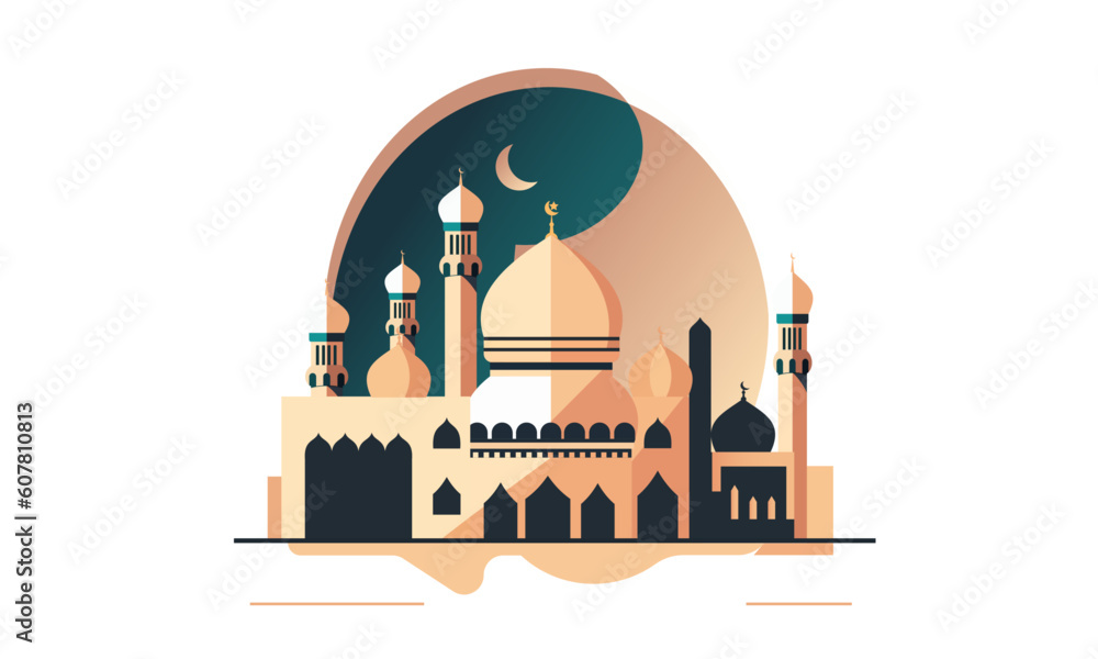 a stylized of a muslim mosque,a flat design of a masjid for Islamic ...