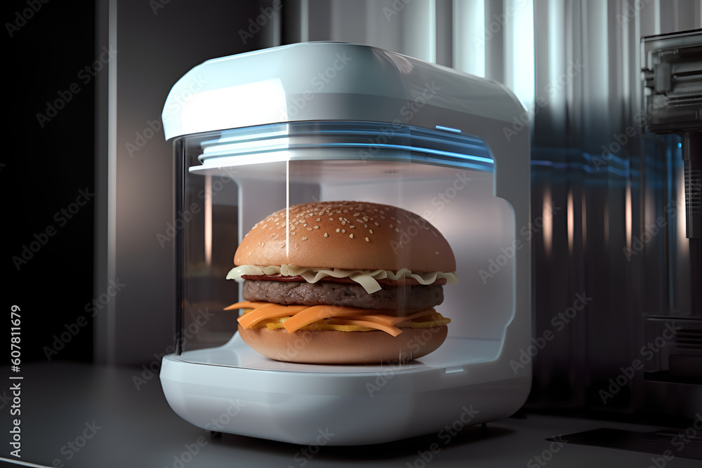 3D printer prints meat burger. Cooking device of future for making food ...