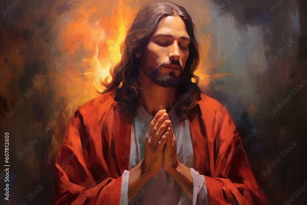 AI illustration. portrait religieux de Jésus en prière, aspect peinture ...