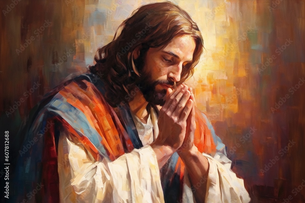 AI illustration. portrait religieux de Jésus en prière, aspect peinture ...