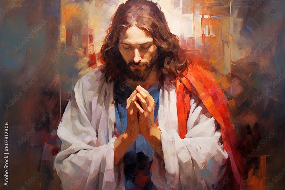 AI illustration. portrait religieux de Jésus en prière, aspect peinture ...