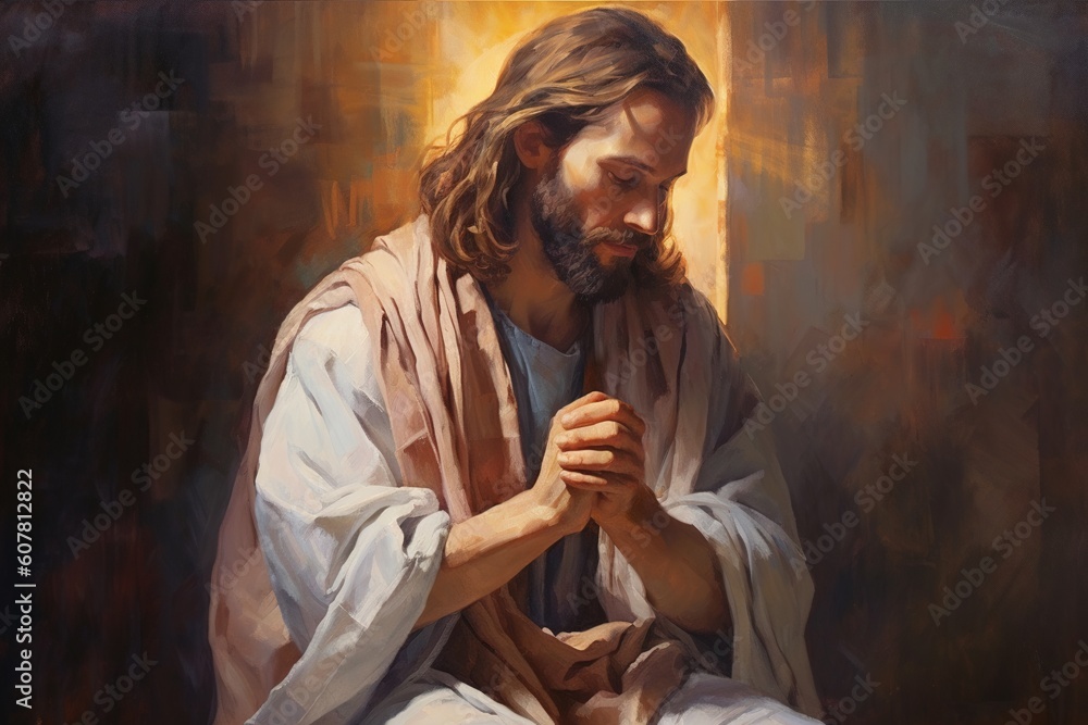 AI illustration. portrait religieux de Jésus en prière, aspect peinture ...
