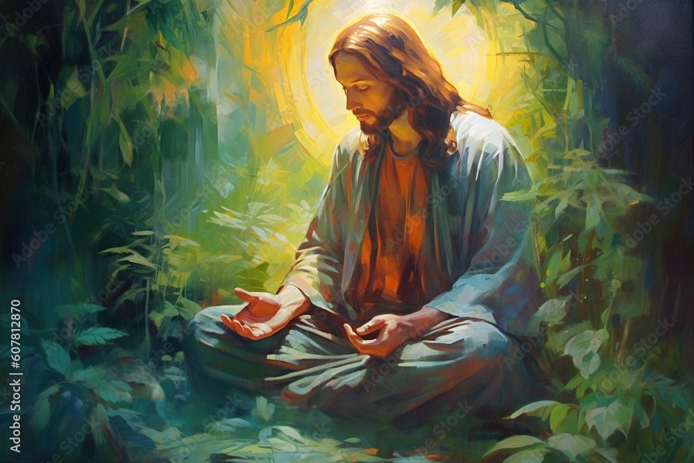 AI illustration. portrait religieux de Jésus en prière, aspect peinture ...