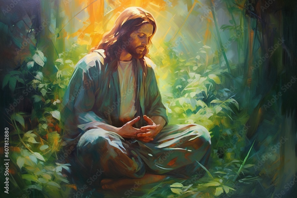 AI illustration. portrait religieux de Jésus en prière, aspect peinture ...