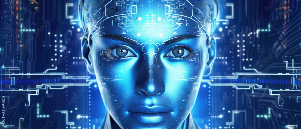 The face of a female cyborg robot on blue futuristic technology ...