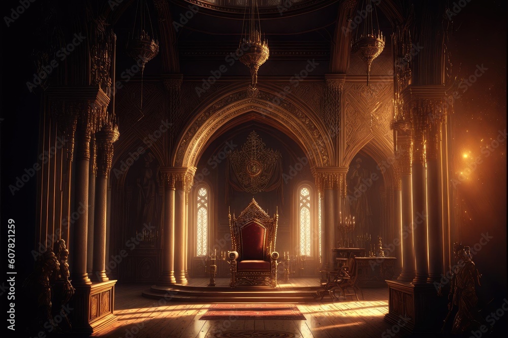 A golden filigree throne room in a medieval castle king sitting on the ...