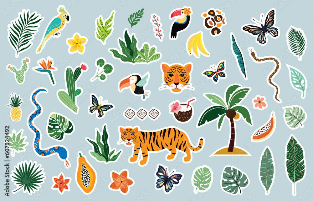 Summer tropical stickers collection, different exotic elements, vector ...