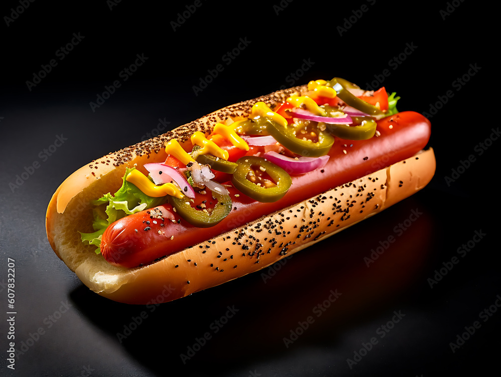 Big hot dog Chicago style. Traditional street food. American hot dog ...