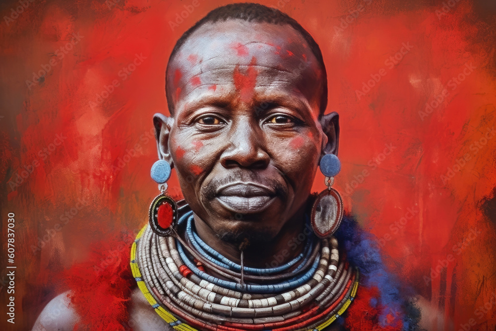 Maasai Warrior: A Head Portrait with Red Cape & Traditional Paintings ...