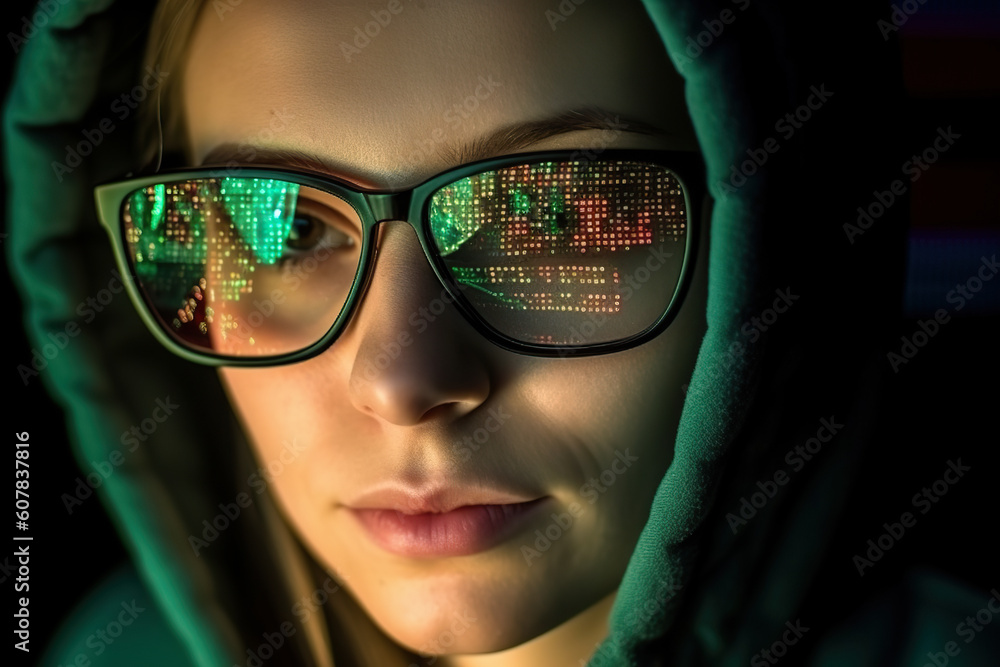 Generative AI illustration of serious woman hacker with hoodie and ...
