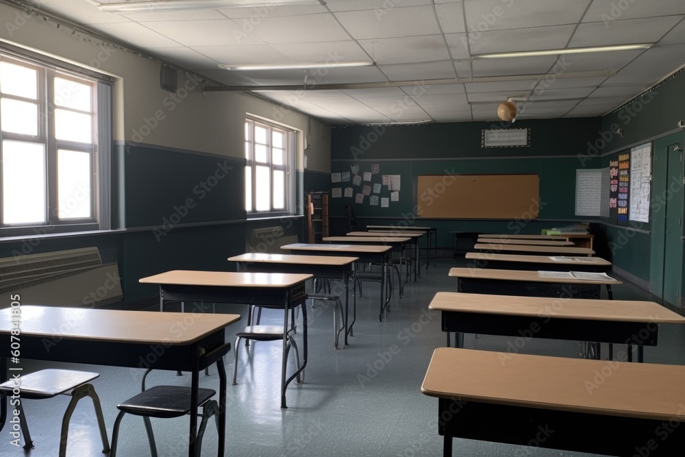 empty classroom with rows of desks facing front and blackboard in the background, created with ...