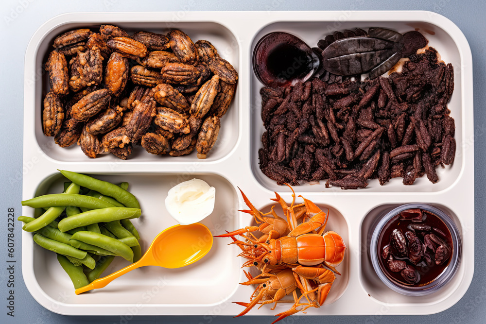 Overhead shot school lunch tray of cooked insects and bugs school food ...