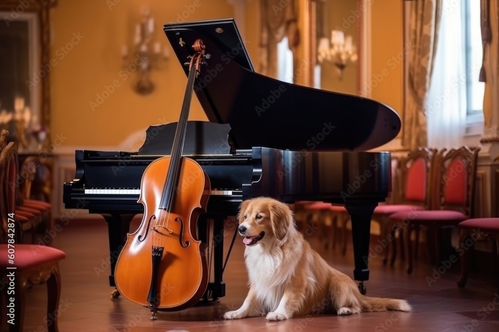 dog playing violin and cat playing the piano in a grand concert hall ...