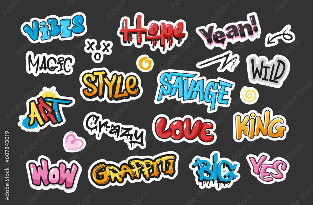 Street graffiti stickers. Vector set of urban typography art graffiti ...