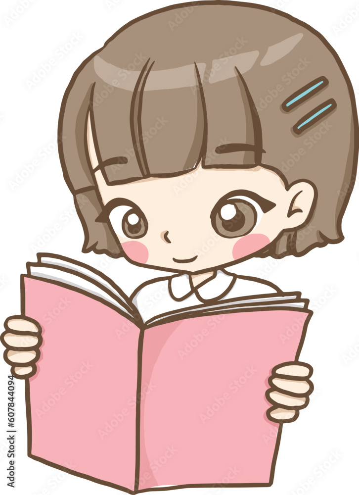 young girl reading a book drawing cartoons doodle kawaii anime cute ...