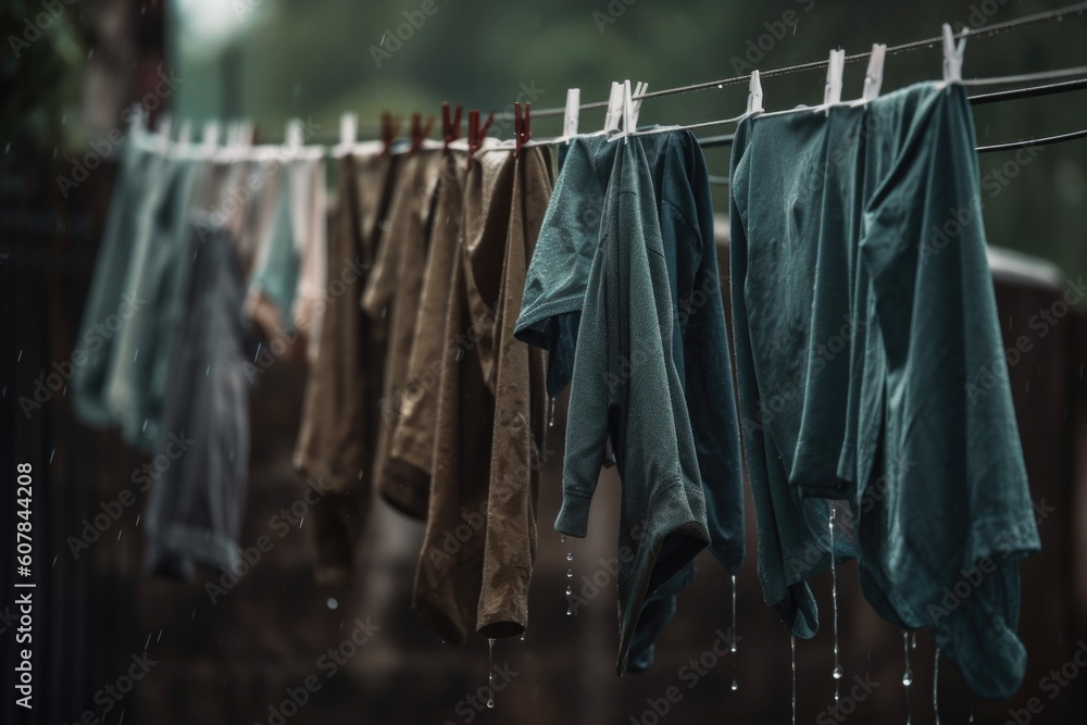 rainy day with clothes on the line, droplets of water dripping from ...