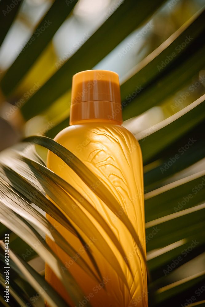 Bote de spray de protección solar para verano con hojas de palmera ...