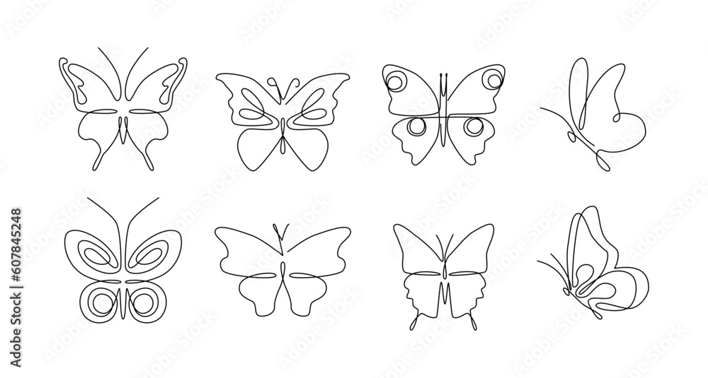 Continuous one line drawing. One line art. Set of beautiful butterflies ...