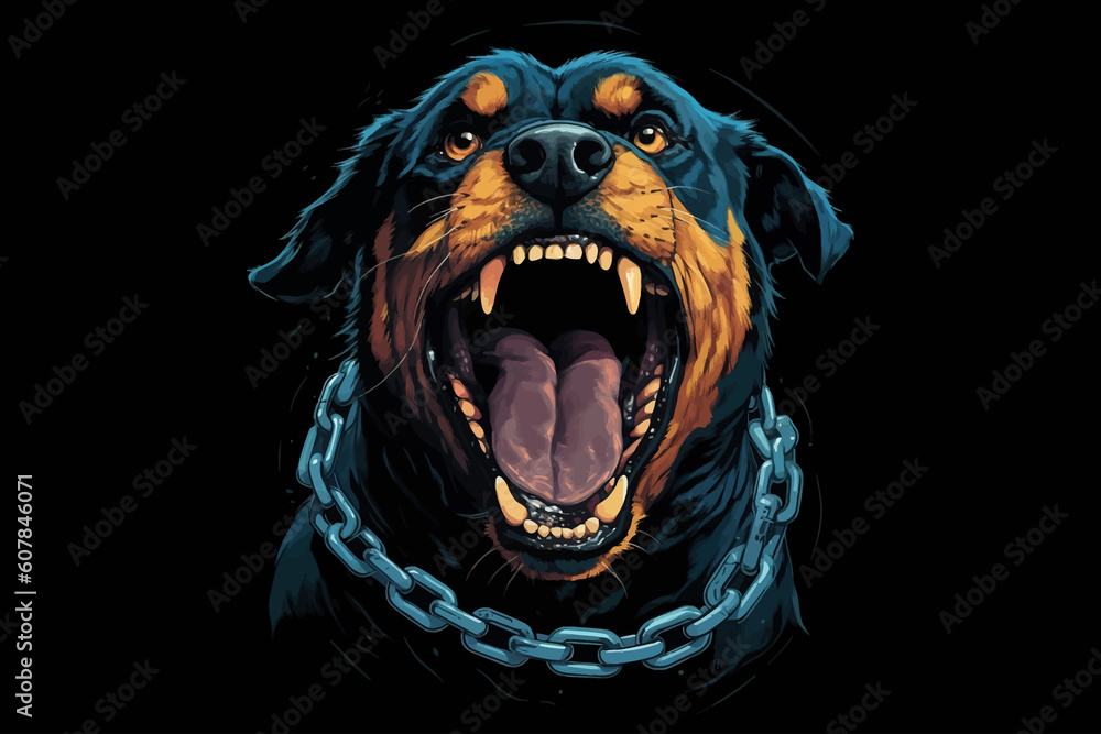Rottweiler with sharp teeth and open mouth, thick chain around the neck ...