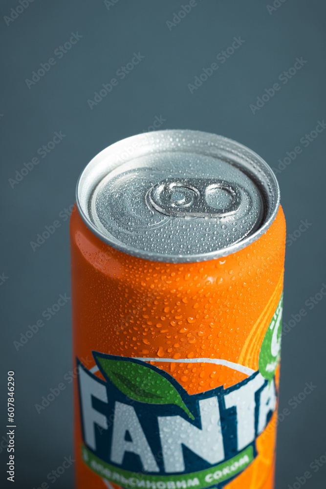 KYIV, UKRAINE - May 09: Close up shot of classic Fanta orange can on ...