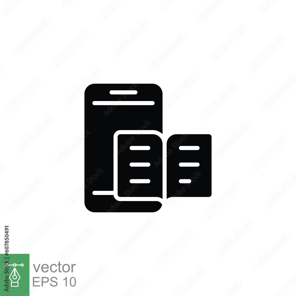 Ebook icon. Simple solid style. Mobile phone with book sign, newspaper ...