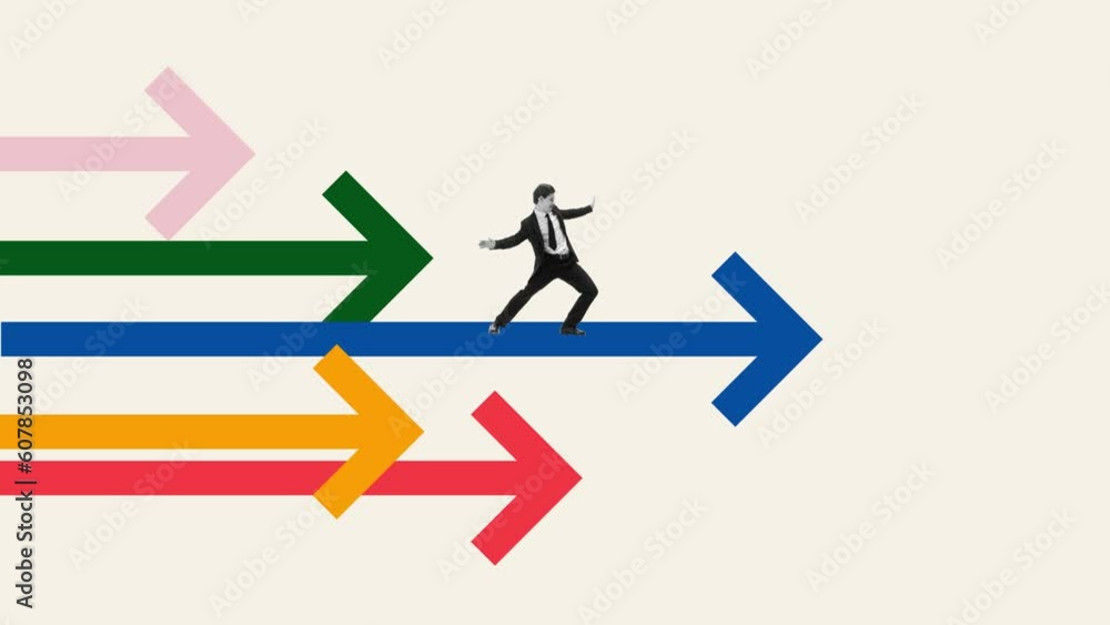 Ambitious and motivated young man, employee balancing on arrows ...