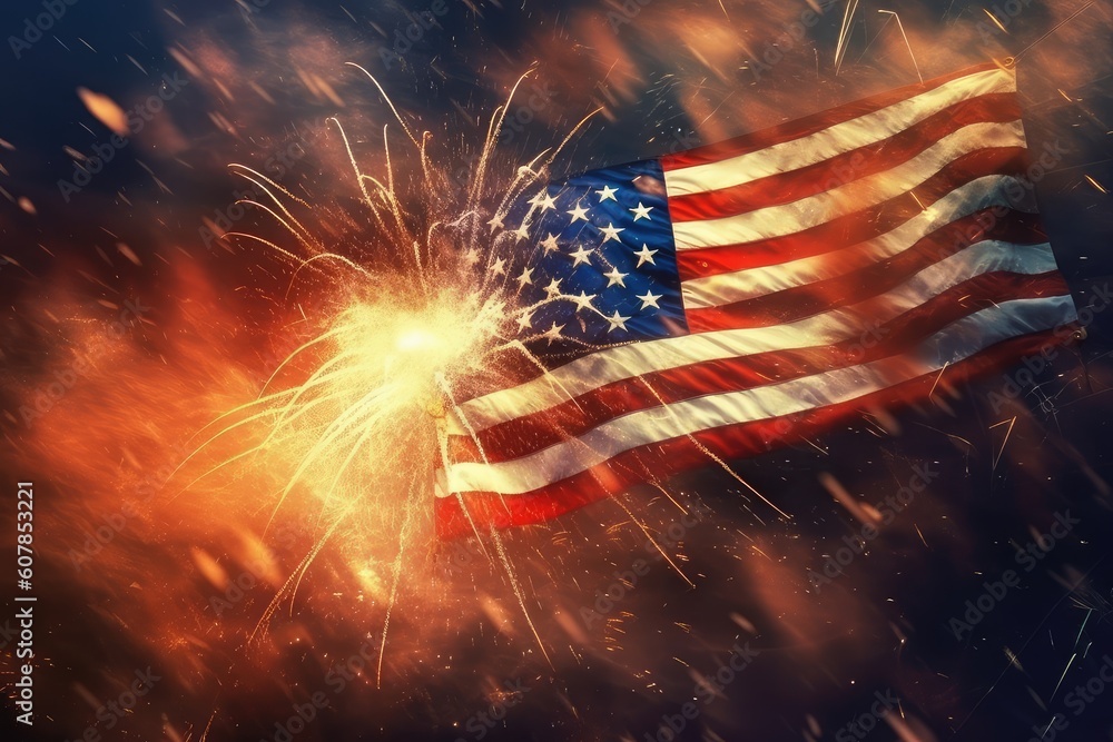 Fireworks and Flags: Capture a vibrant fireworks display against a ...