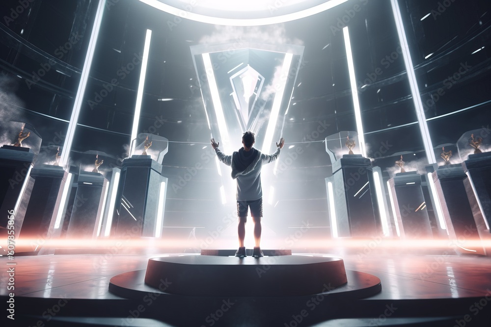 A winner in a esport event in front of the tophies. A gamer in an ...