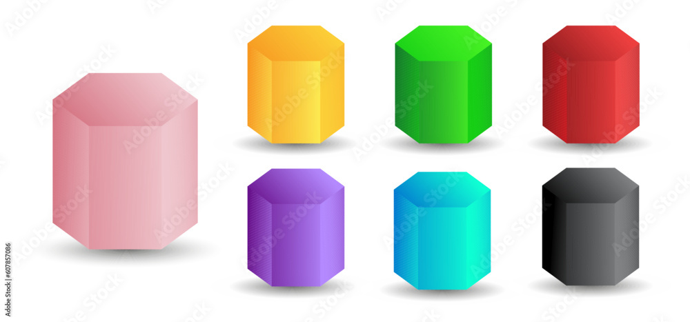 Set of vector hexagonal prisms with gradients and shadow for game, icon, package design, logo ...
