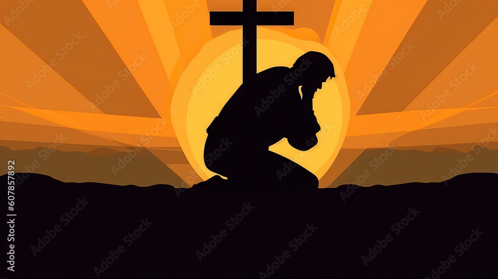 Vector silhouette of a man praying at the cross on sunset background ...