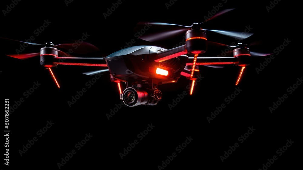 Flying laser drone in action, isolated on black background. Generative ...