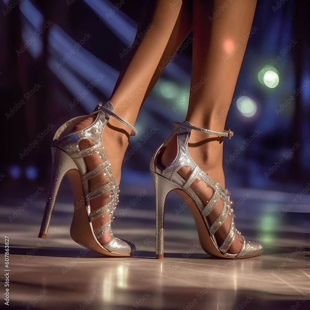 Beautiful legs of a woman in high heels dancing on the parquet floor in ...
