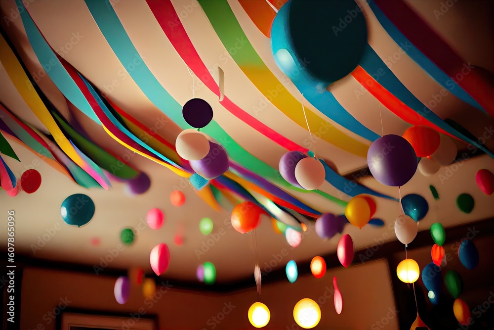 paper streamer hanging from ceiling, with lights and balloons for ...
