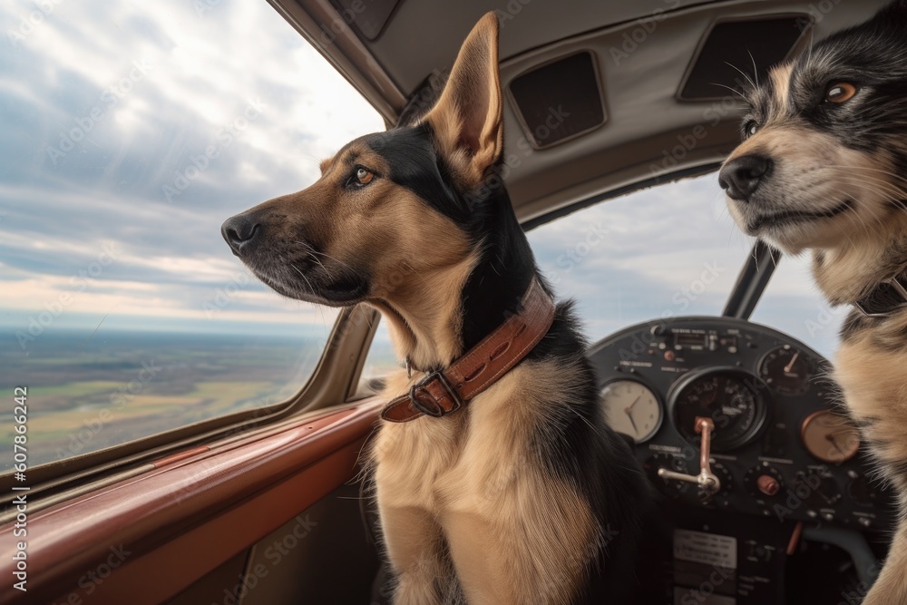 cat and dog flying in vintage plane, with cockpit view visible, created ...
