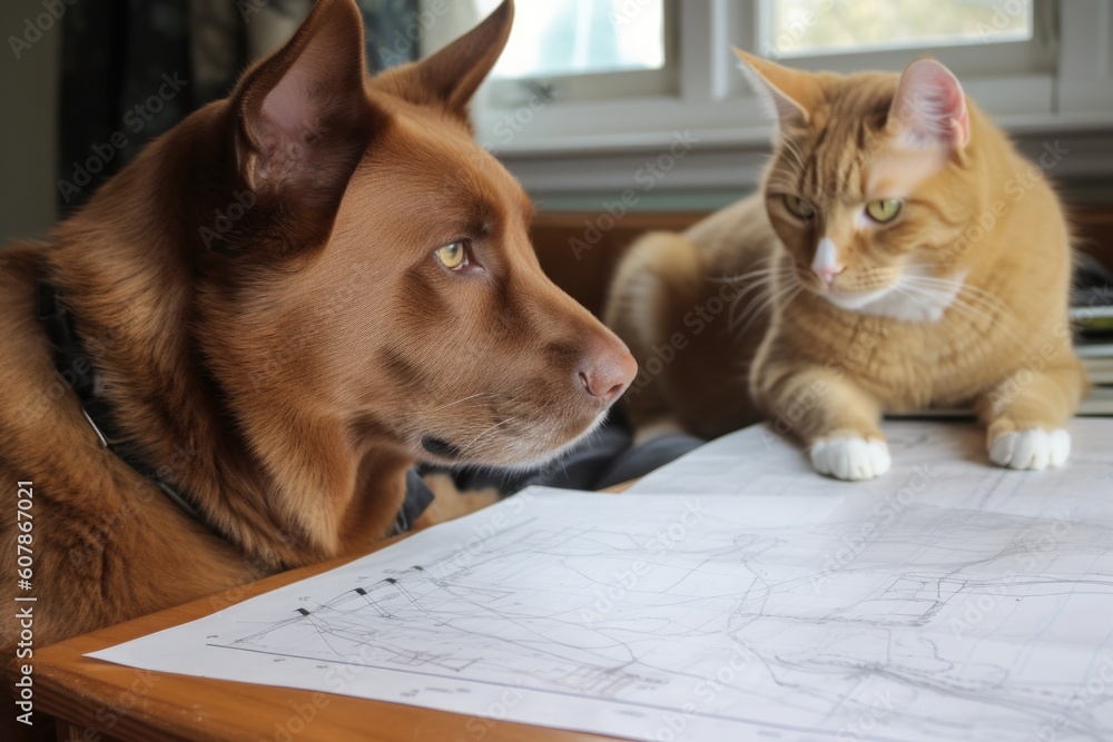 cat, drawing plans on sketchpad, while dog looks on with approval ...