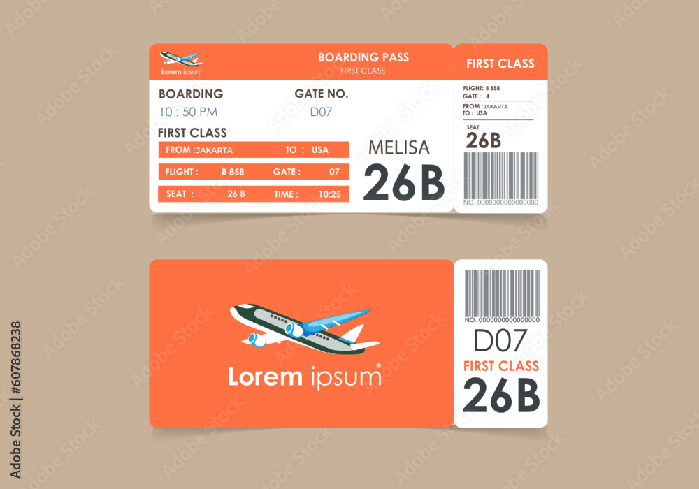 Colored and realistic boarding pass design composition with name of ...