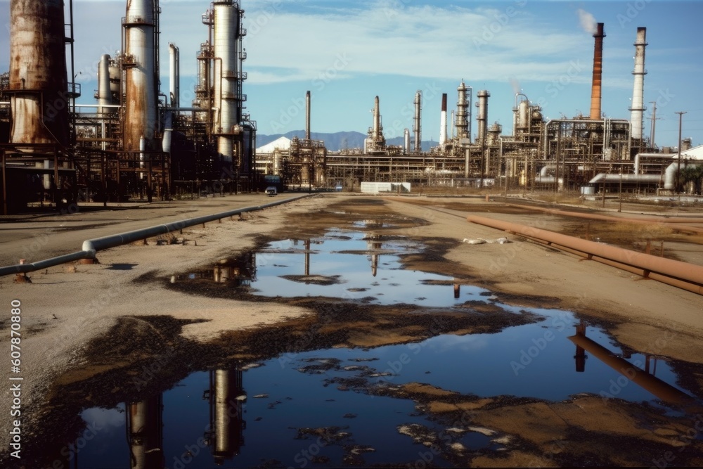 refinery, with view of chemical tanks and pipes, and toxic liquid ...