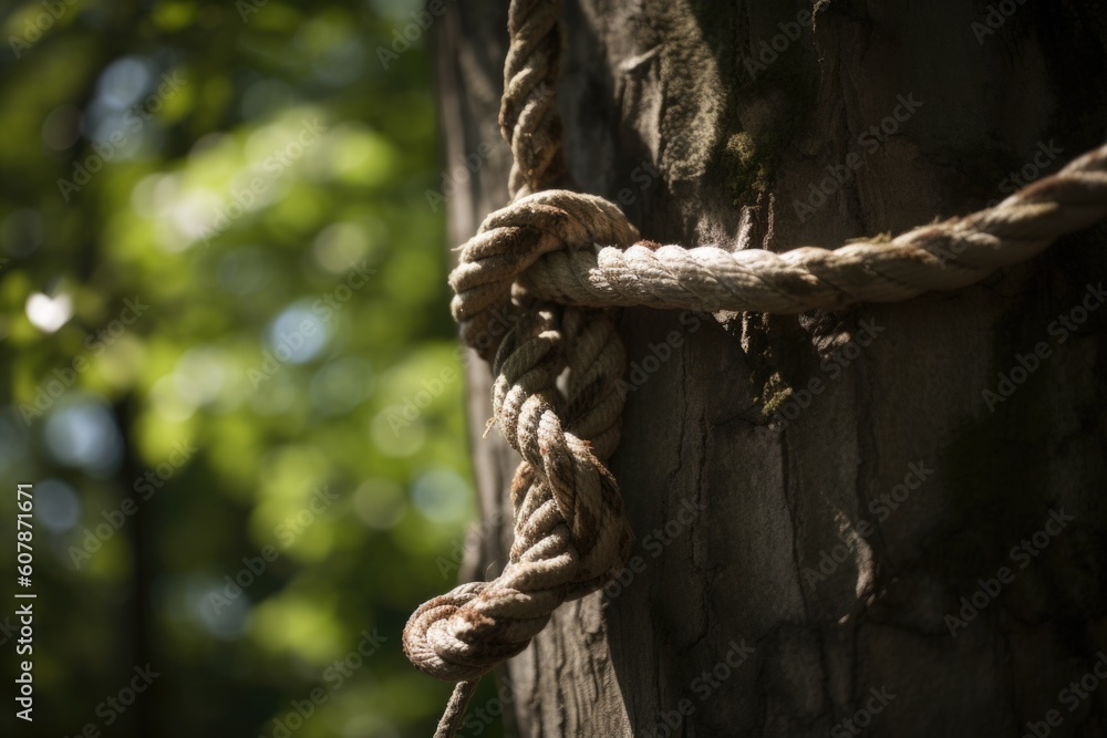 rope tied in figure eight and hangin from a tree branch, created with ...