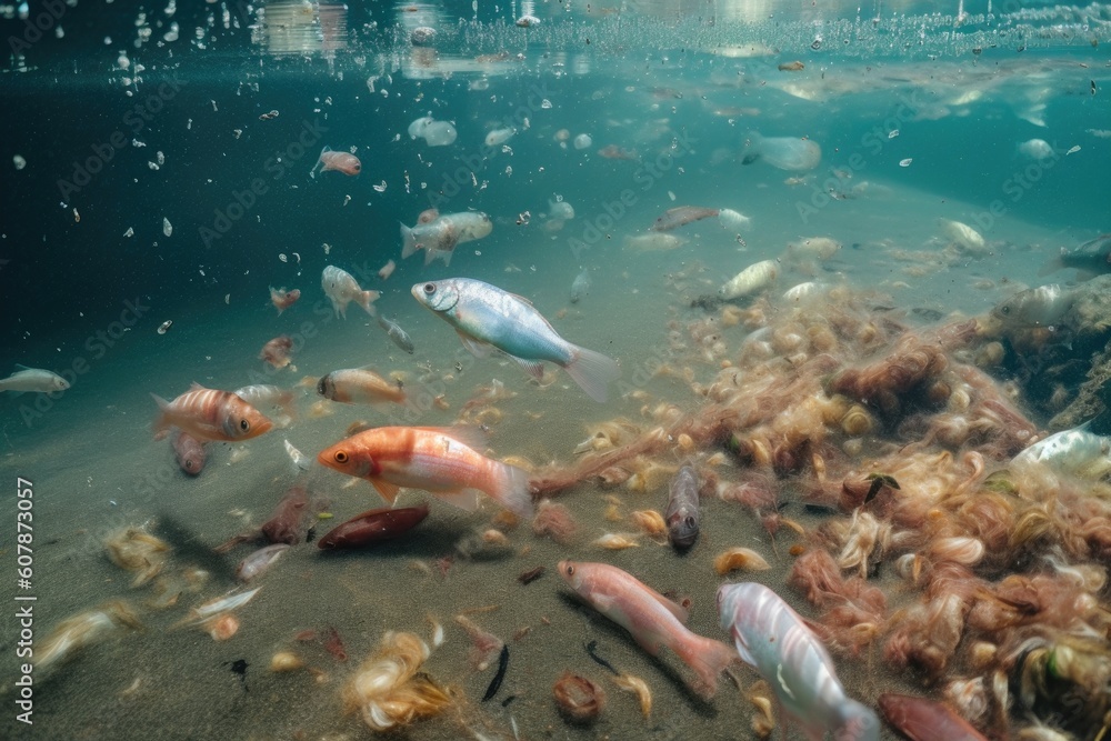 chemical waste spill in marine environment, with dead fish and ...