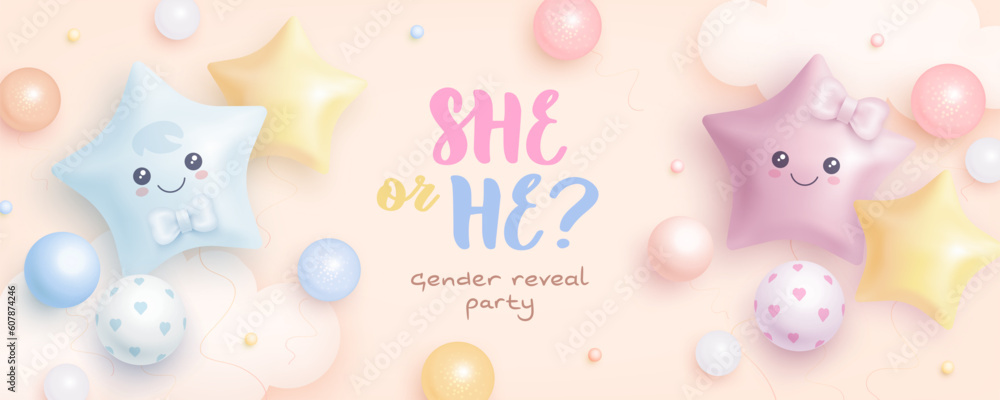 He or she? Cartoon gender reveal invitation template. Horizontal banner ...