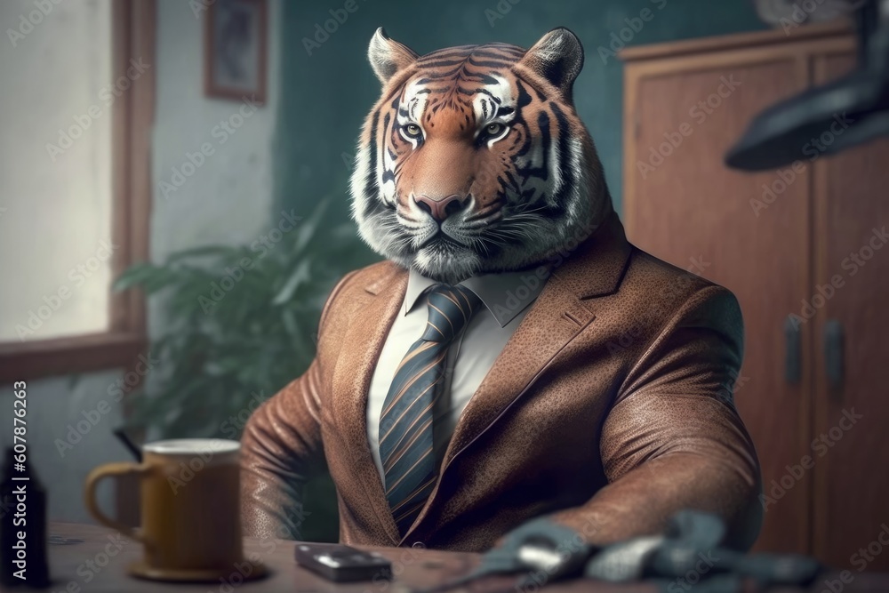 tiger businessman in a stylish classic suit in the office, animal boss ...
