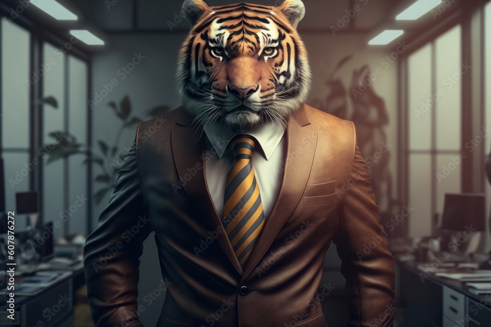 tiger businessman in a stylish classic suit in the office, animal boss ...